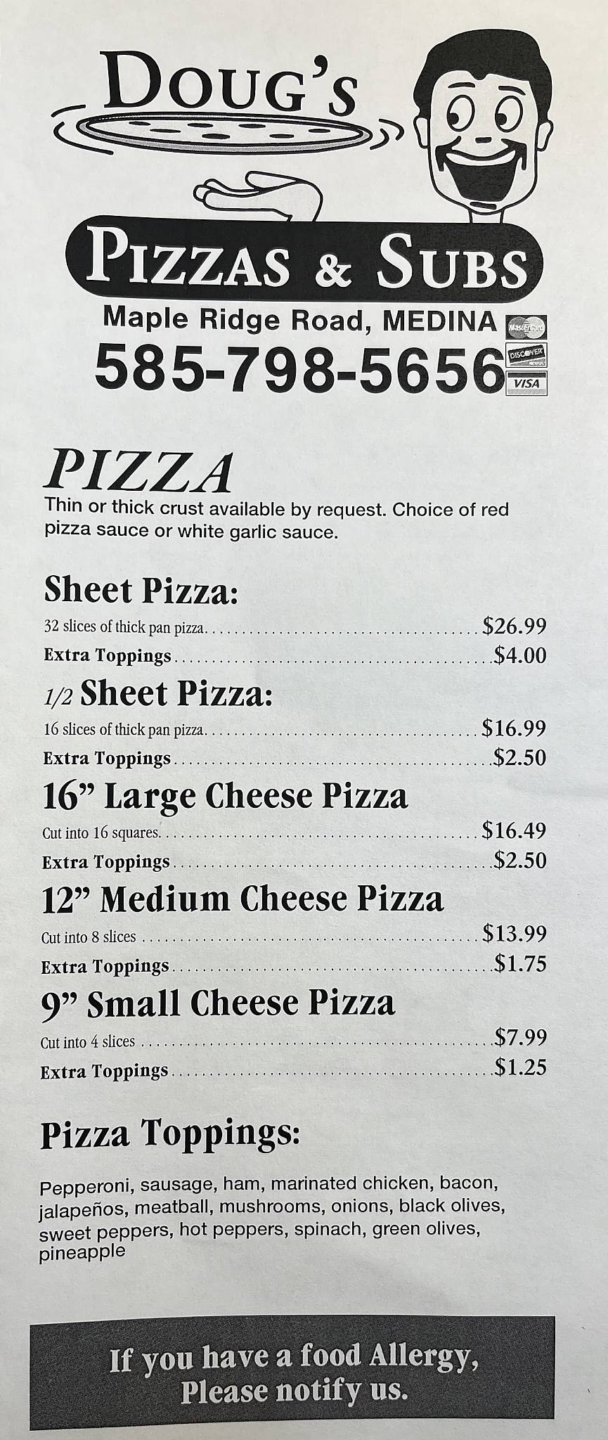 Menu at Doug's Pizza restaurant, Medina, Maple Ridge Rd