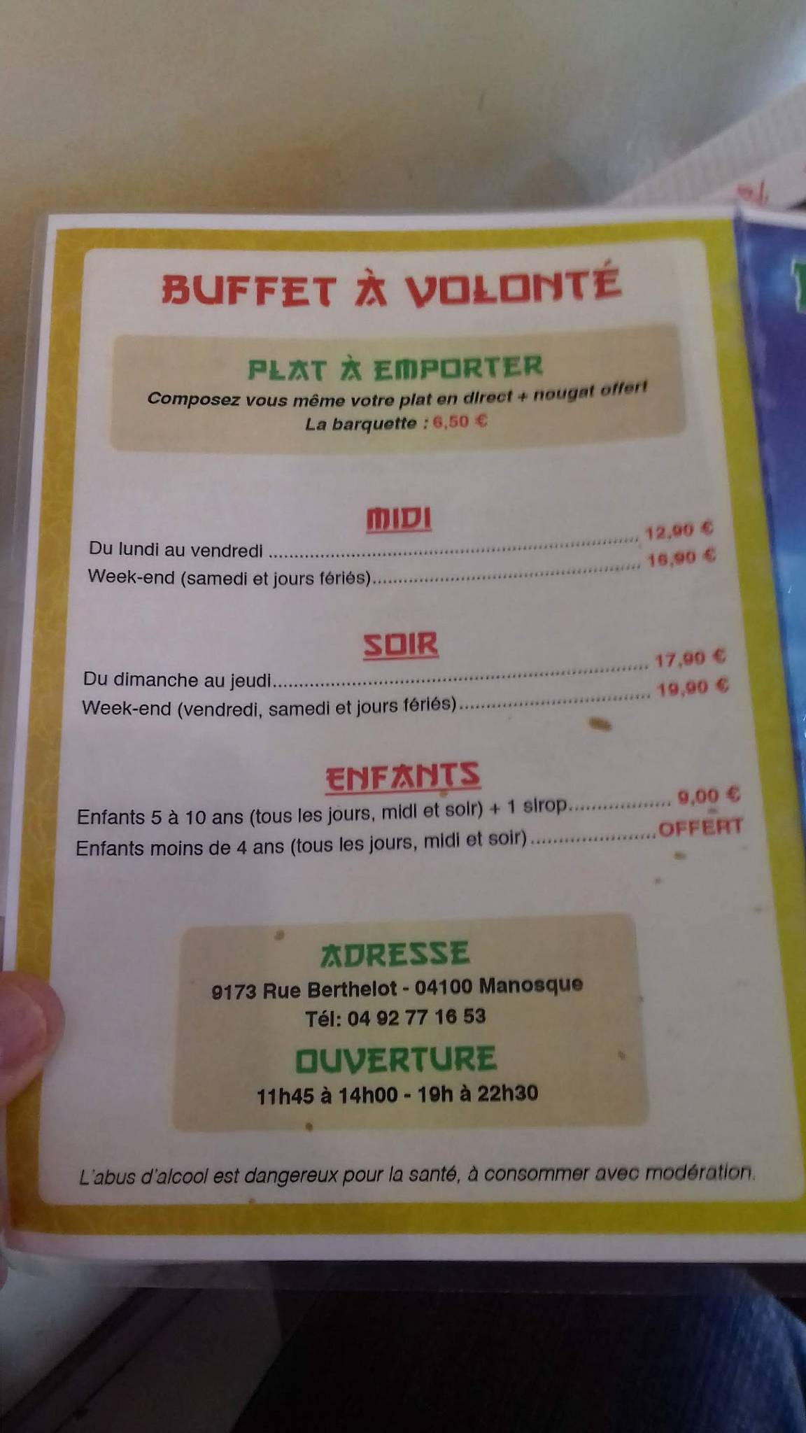 Menu au Dragon Wok restaurant, Manosque