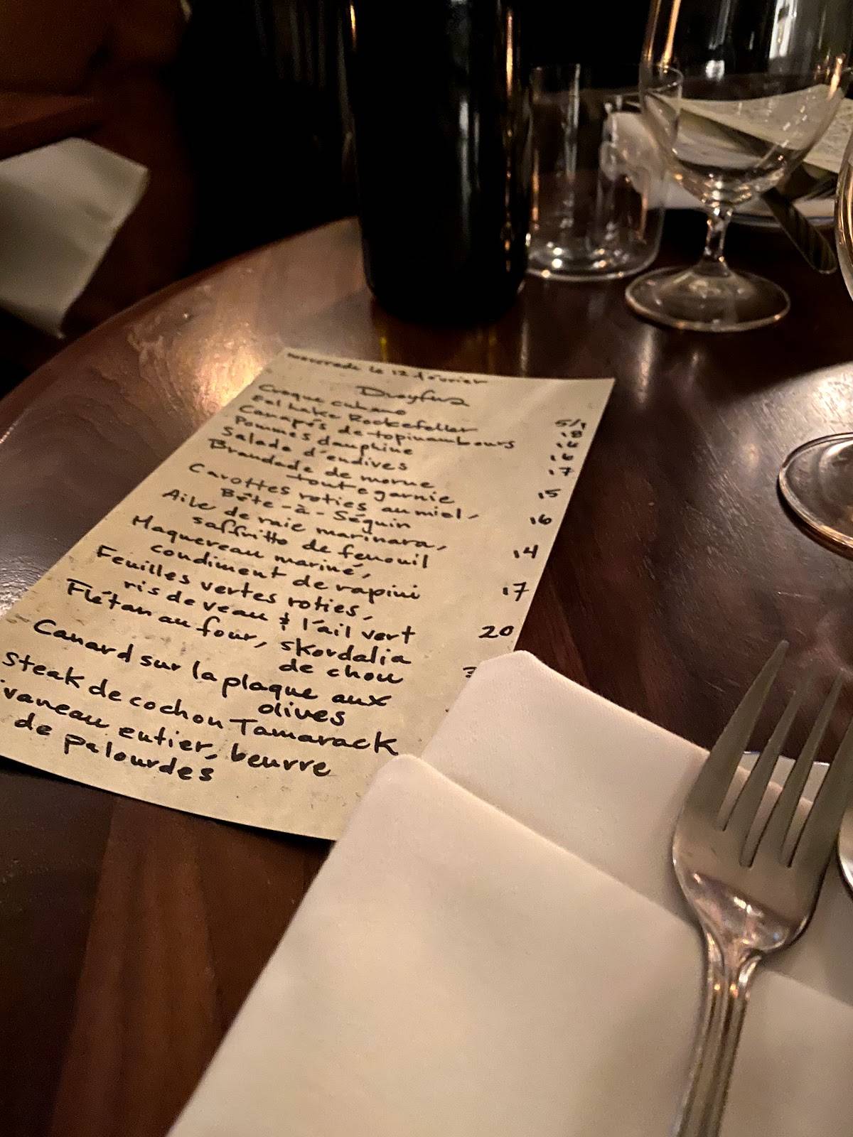 Menu at Dreyfus restaurant, Toronto, 96 Harbord St