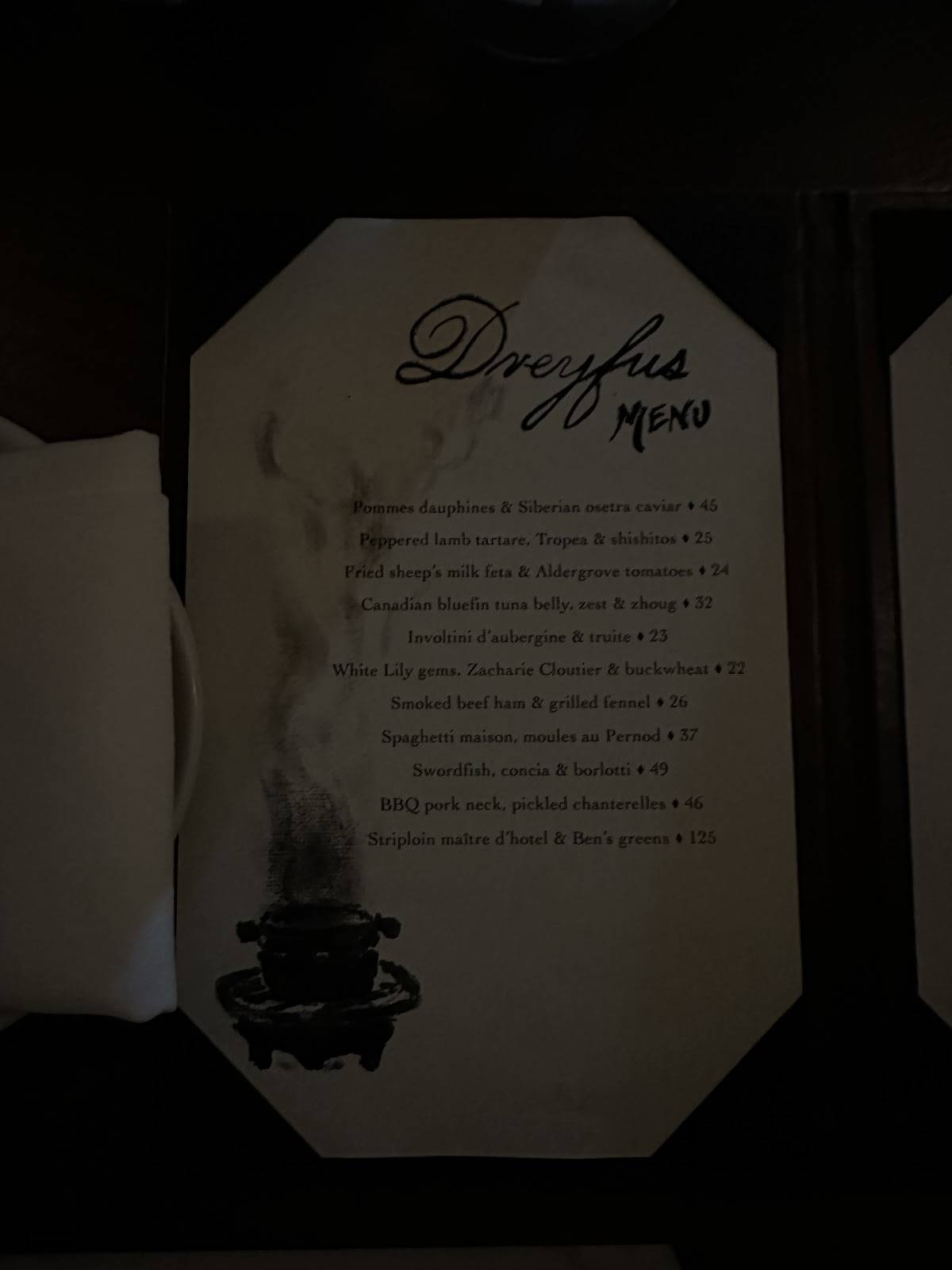 Menu at Dreyfus restaurant, Toronto, 96 Harbord St