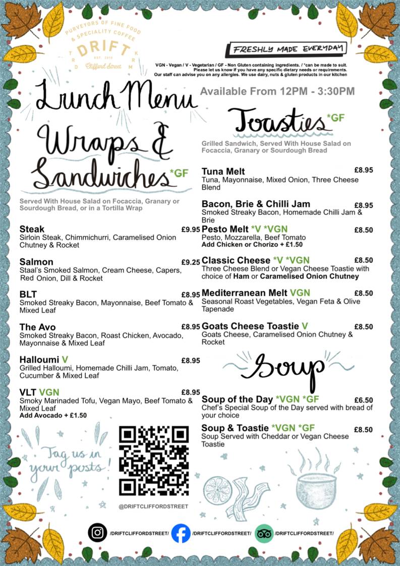 Menu at Drift Cafe, York