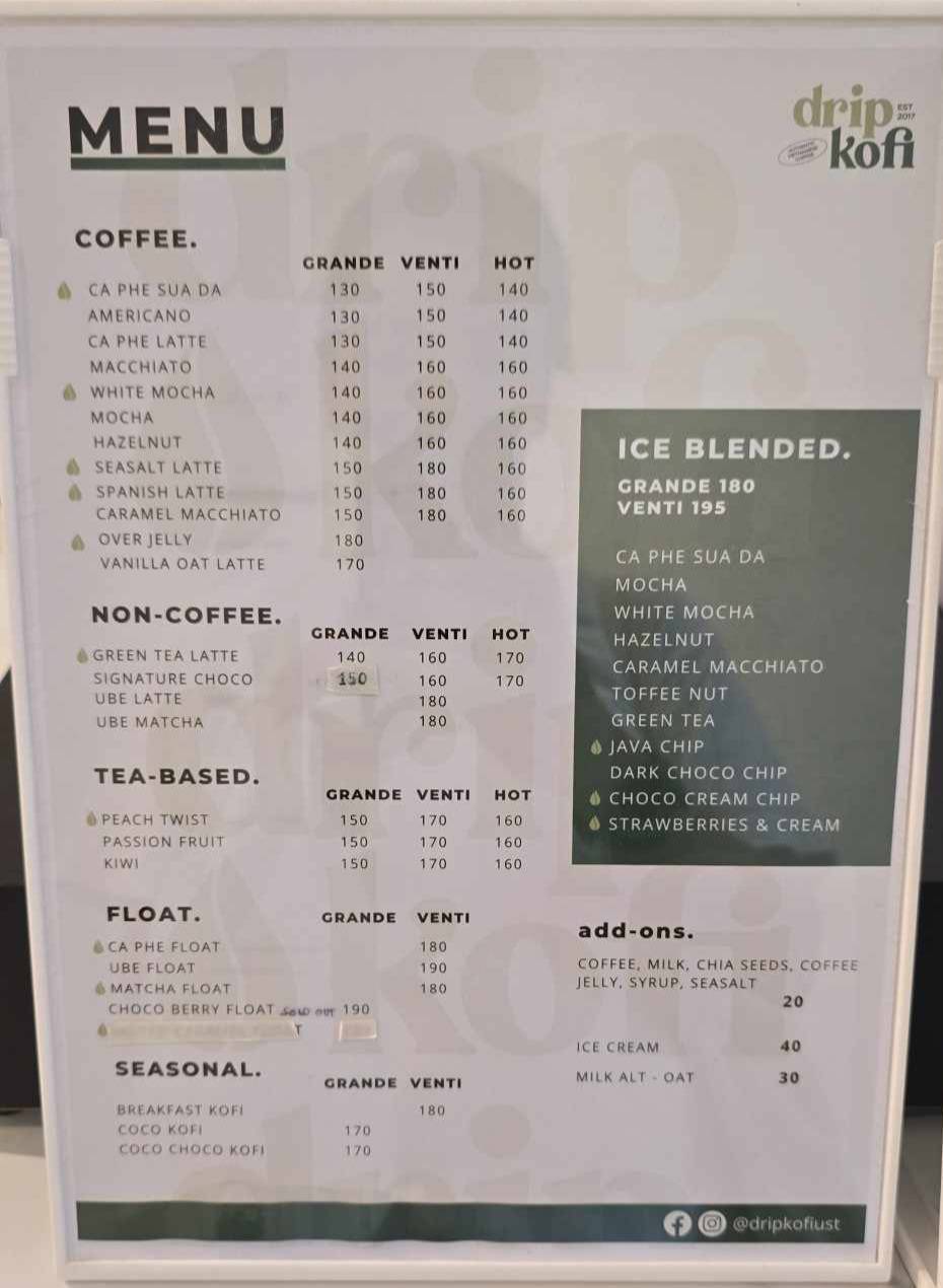 Menu at Drip Kofi, Manila