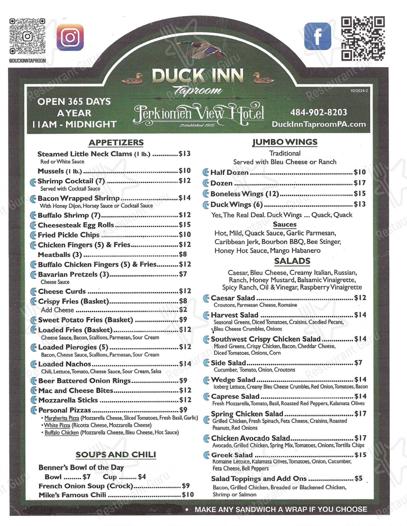 Menu at Duck Inn Taproom pub & bar, Collegeville