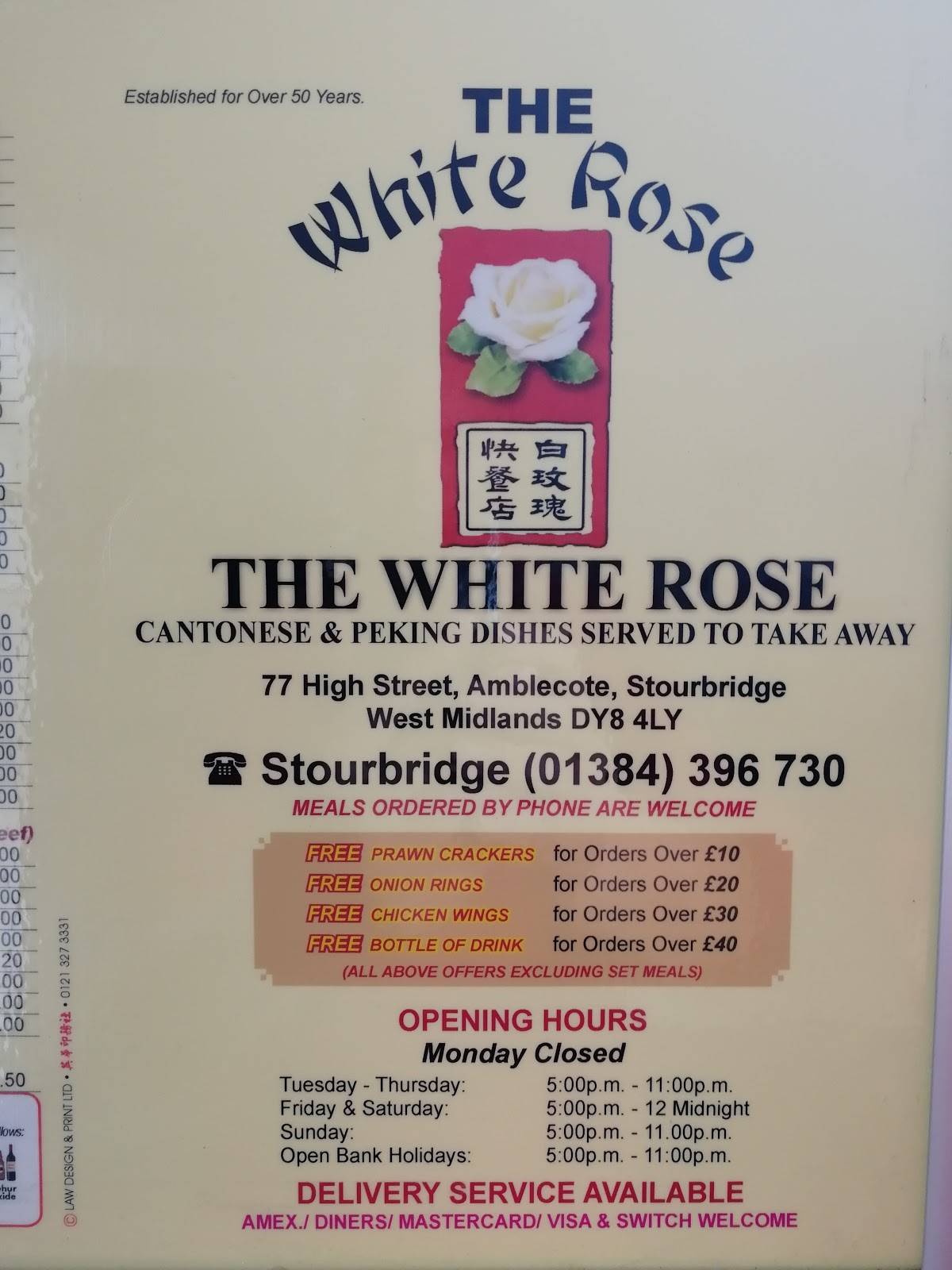 Menu at The White Rose fast food, Stourbridge
