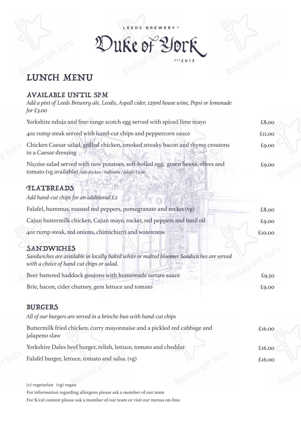 Menu at Duke Of York pub & bar, York, 3-4 King's Sq