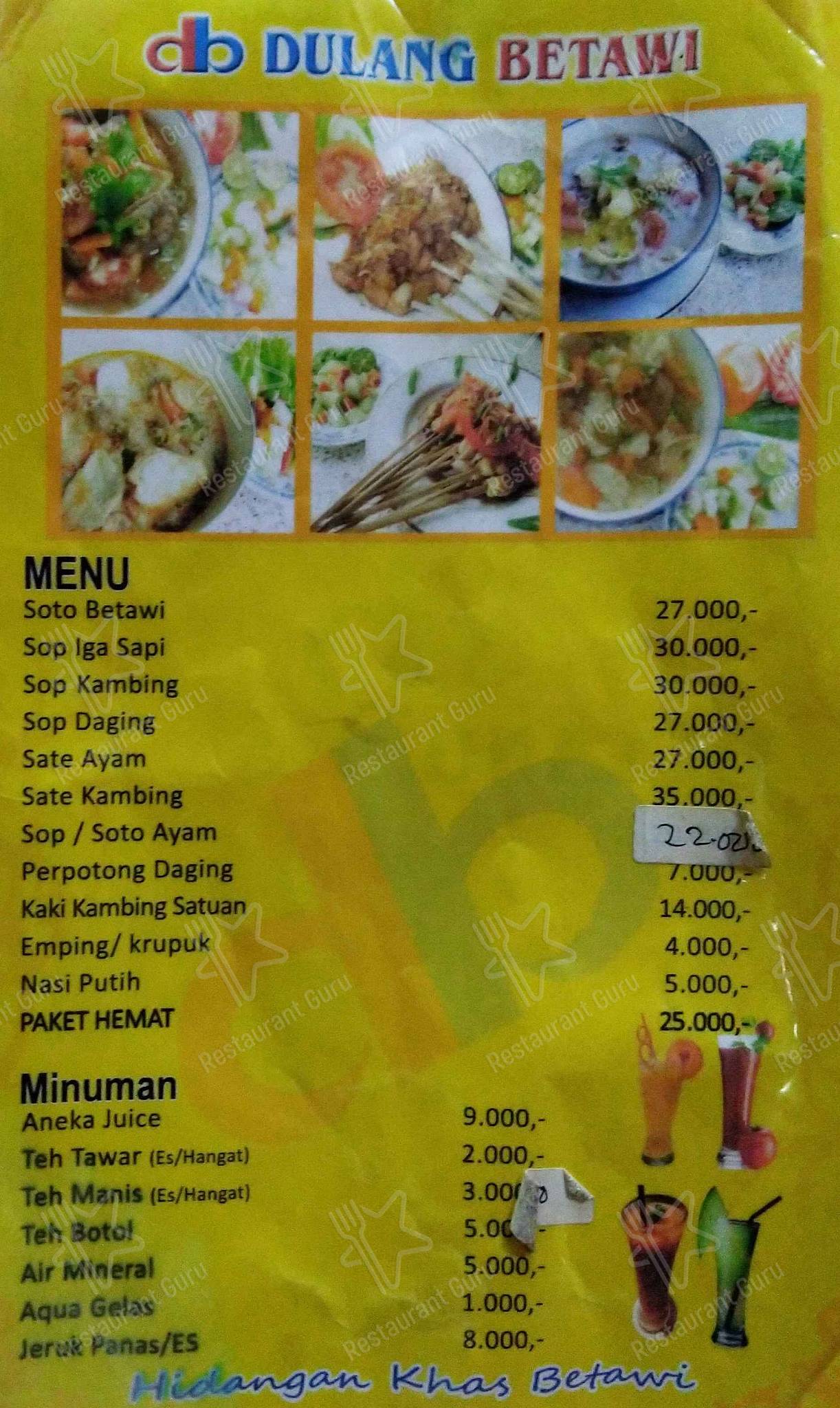 Menu at Dulang Betawi restaurant, Bogor, Foodcourt Bellanova Country Mall