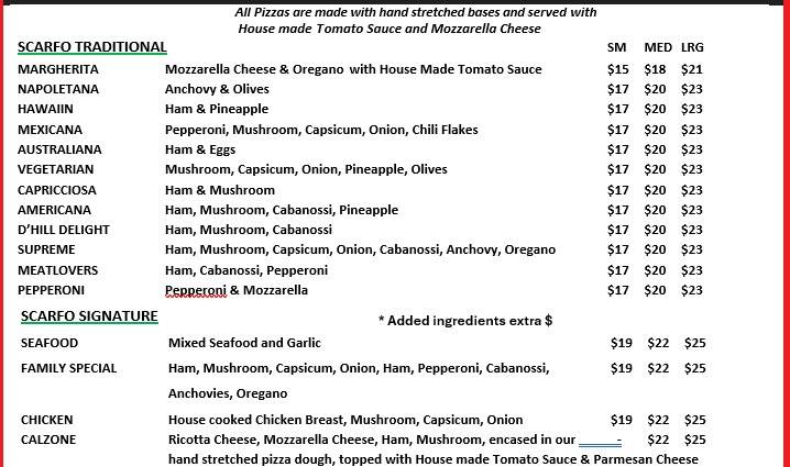 Menu at Scarfo Family Pizza Restaurant, Dulwich Hill