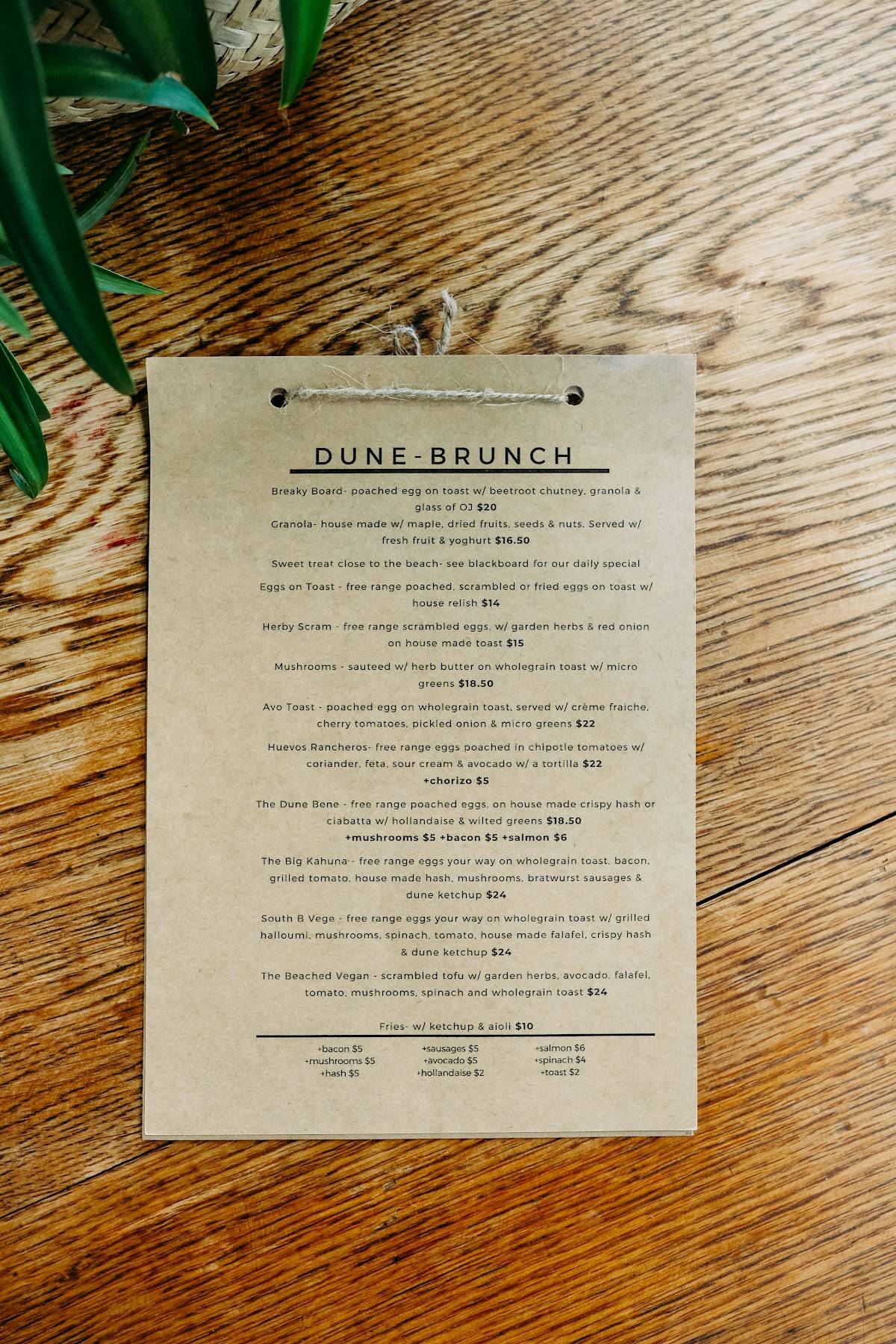 Menu at Dune Cafe, Christchurch