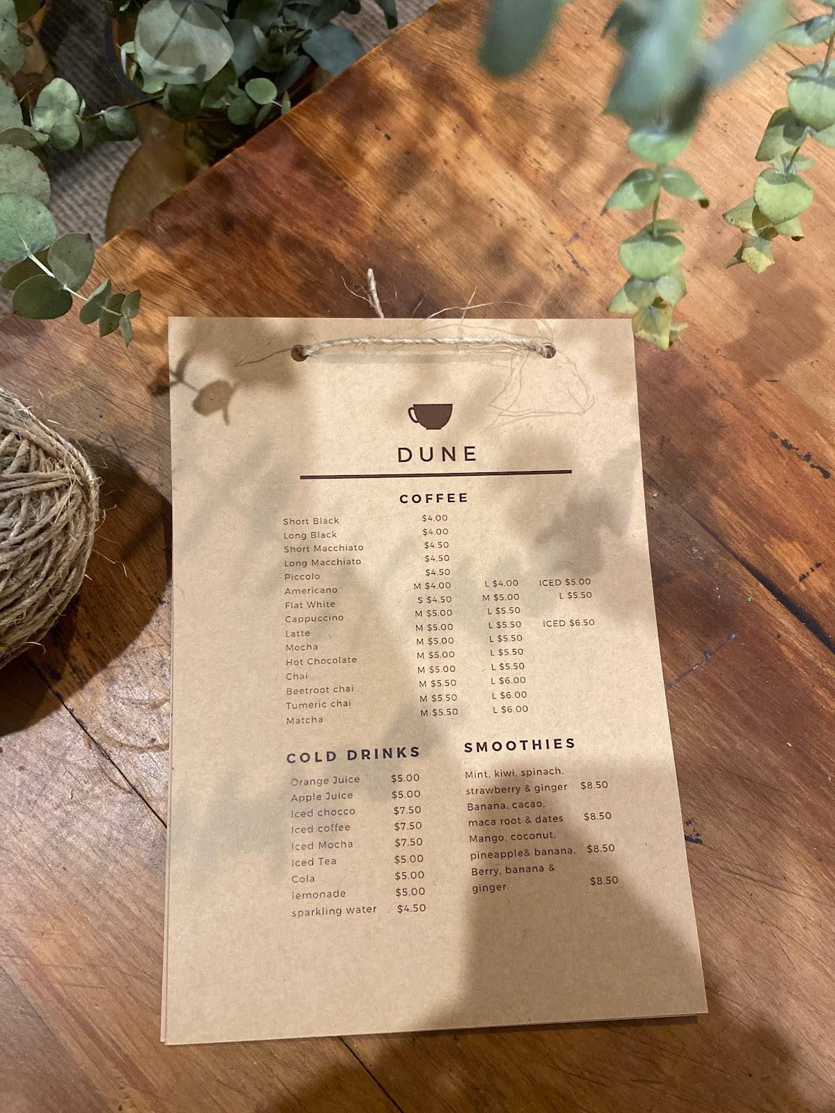Menu at Dune Cafe, Christchurch