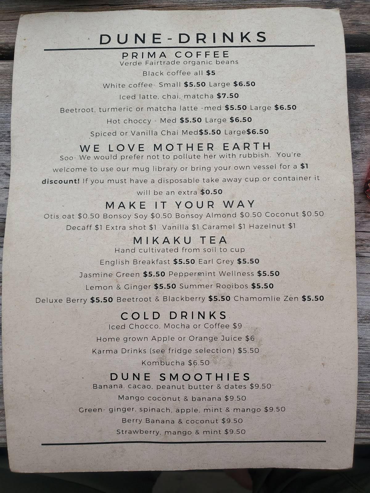 Menu at Dune Cafe, Christchurch