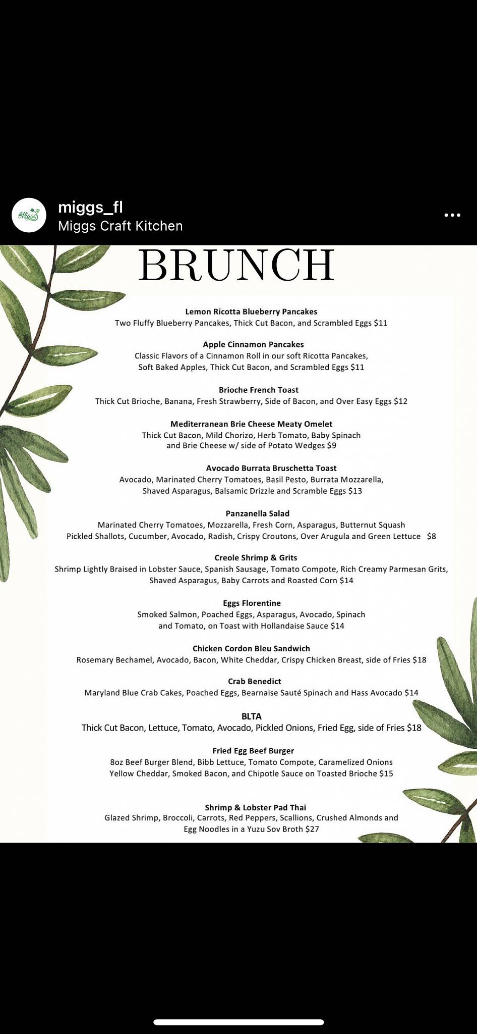 Menu at Miggs Craft Kitchen restaurant, Dunedin