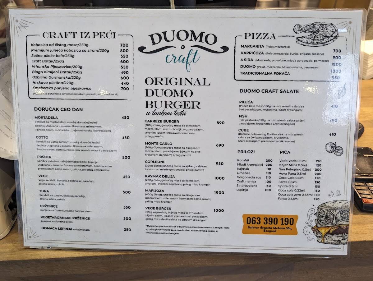 Menu at Duomo Craft restaurant, Belgrade