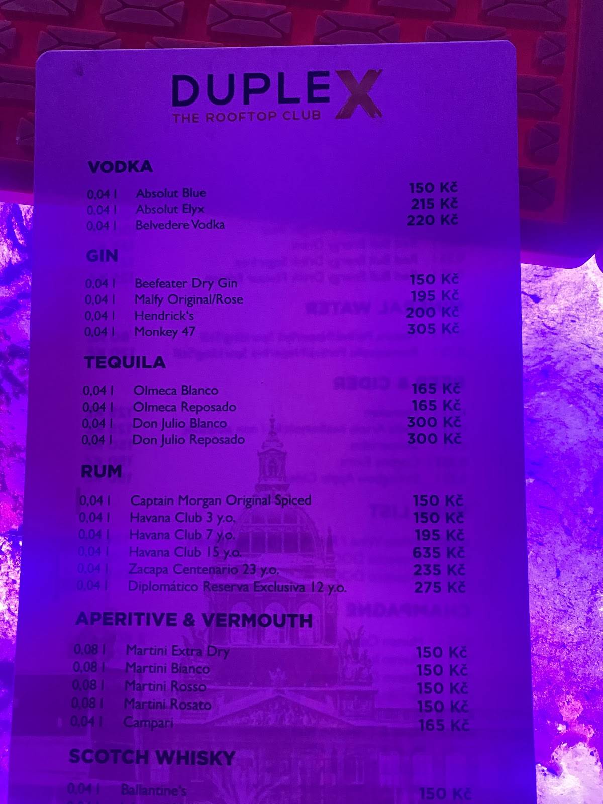 Menu at Duplex club, Prague