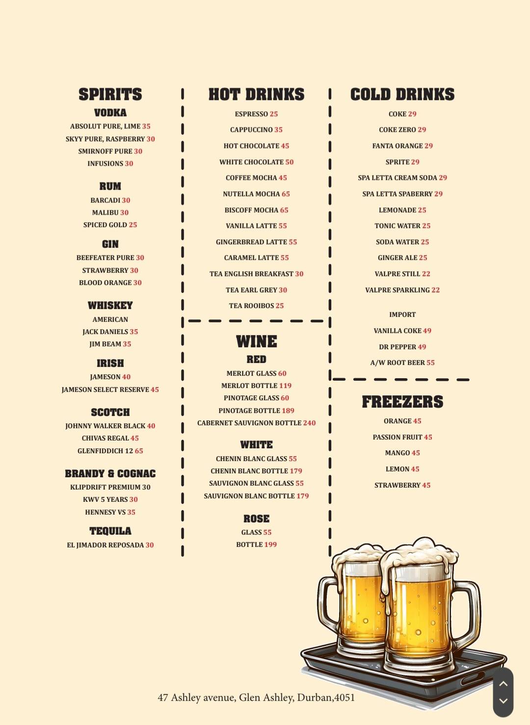Menu at Texas American restaurant, Durban
