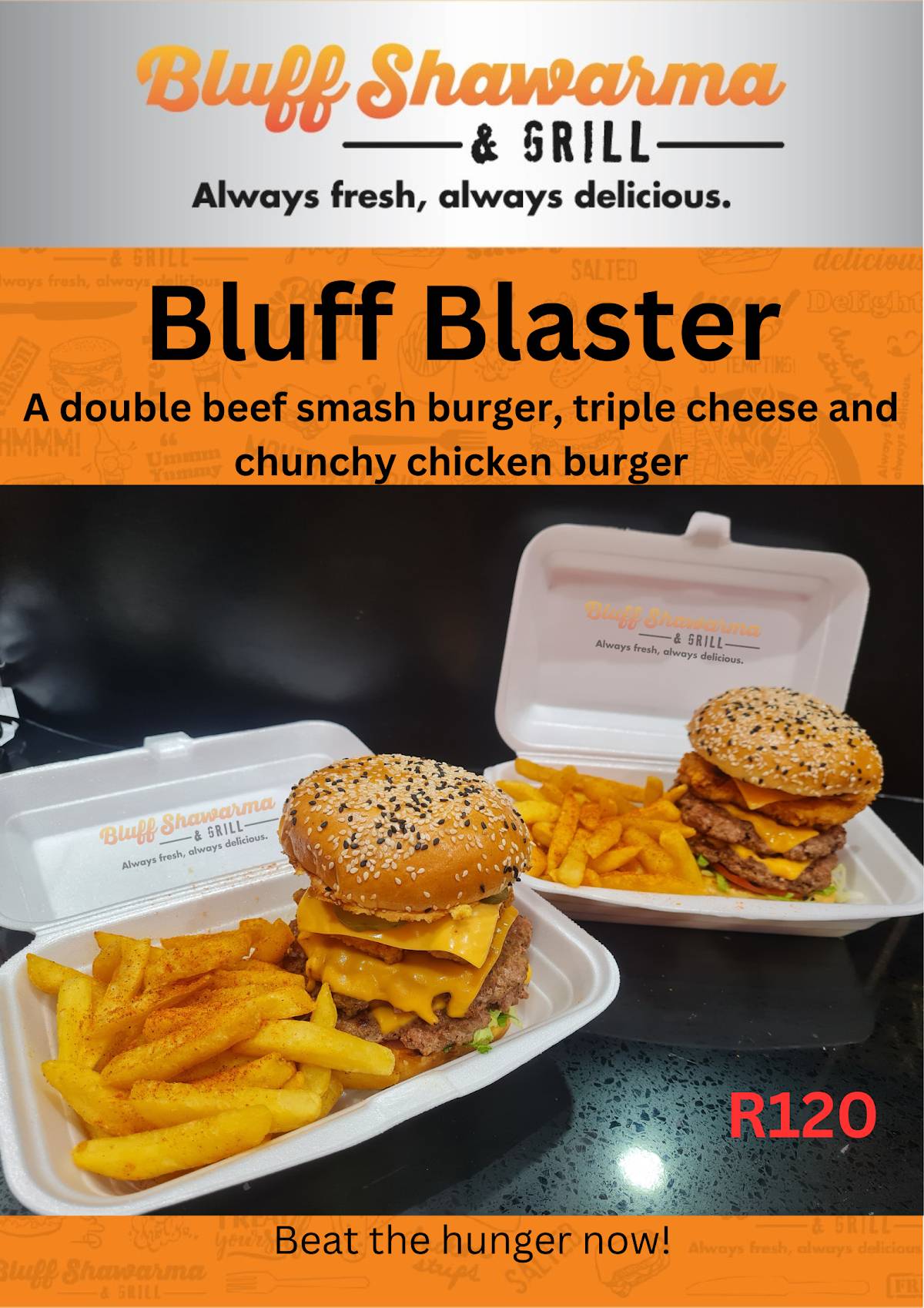 Menu at Bluff Shawarma restaurant, Durban