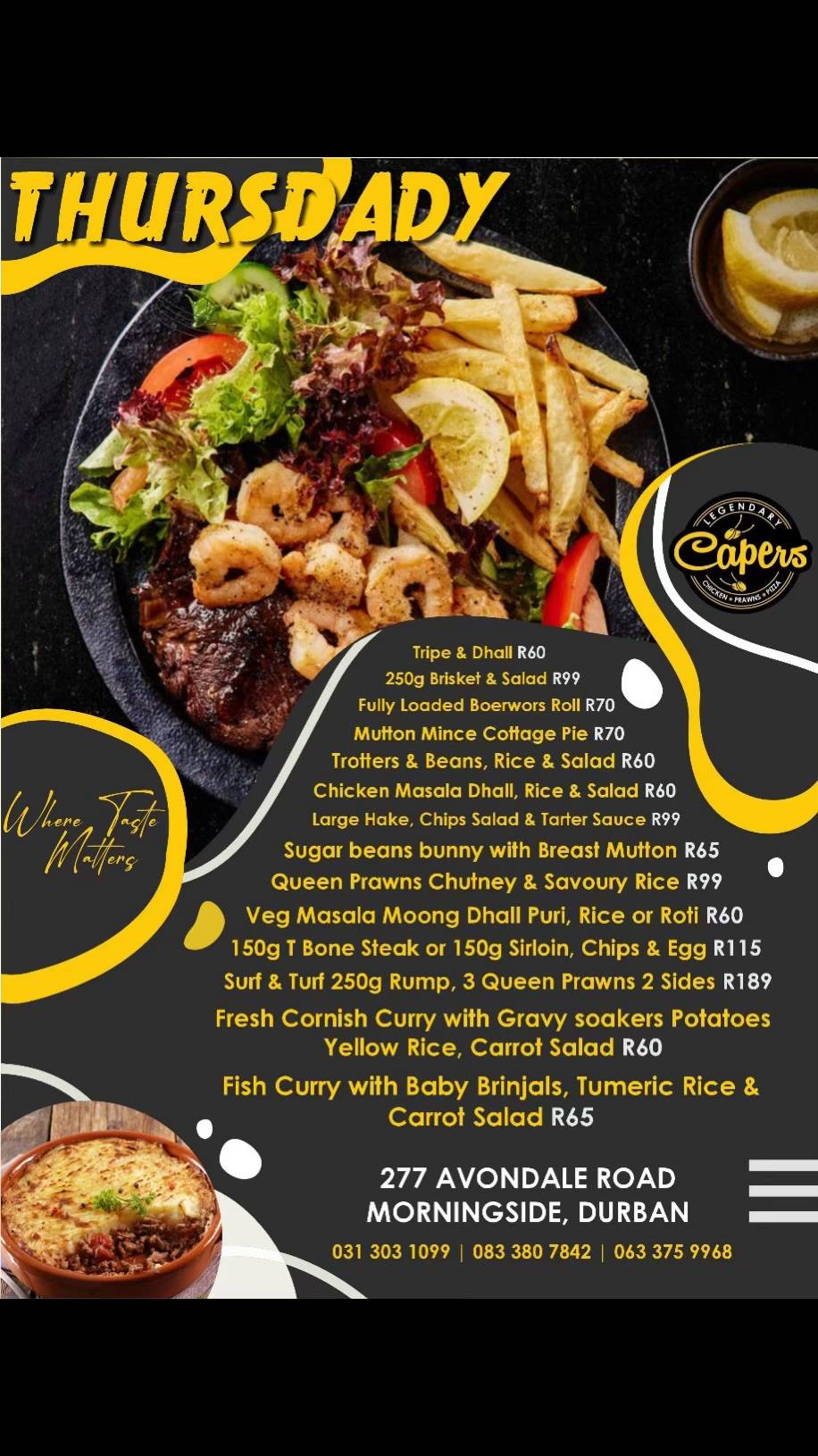 Menu at Capers Restaurant and Sports Bar, Durban