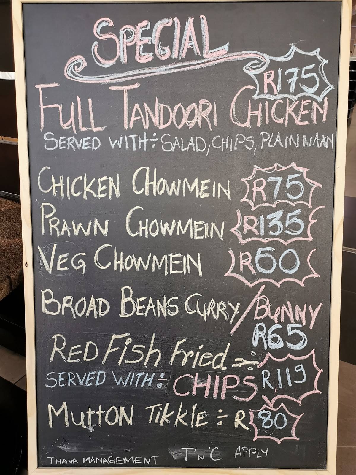 Menu at Thava Suncoast restaurant, Durban