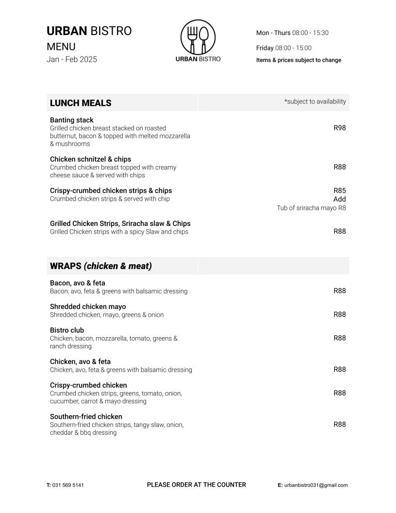 Menu at URBAN bistro, Durban