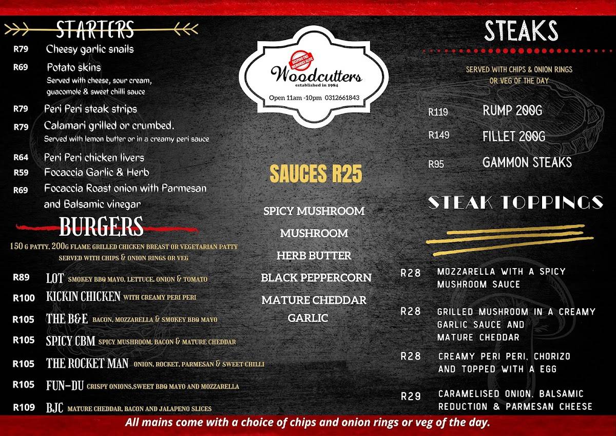 Menu at Woodcutters Restaurant, Durban