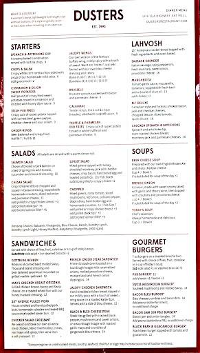 Menu at Dusters pub & bar, Columbus