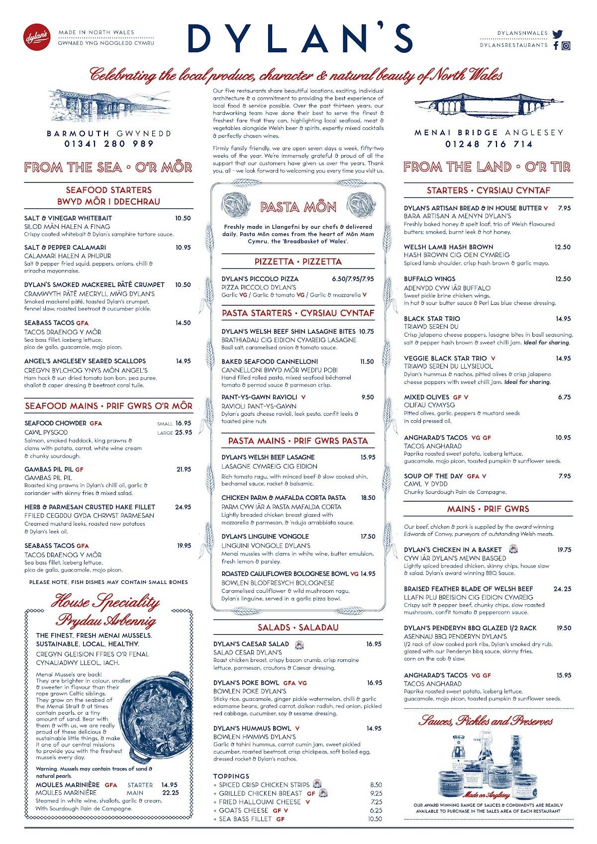 Menu at Dylan's Barmouth, Barmouth, Llanaber