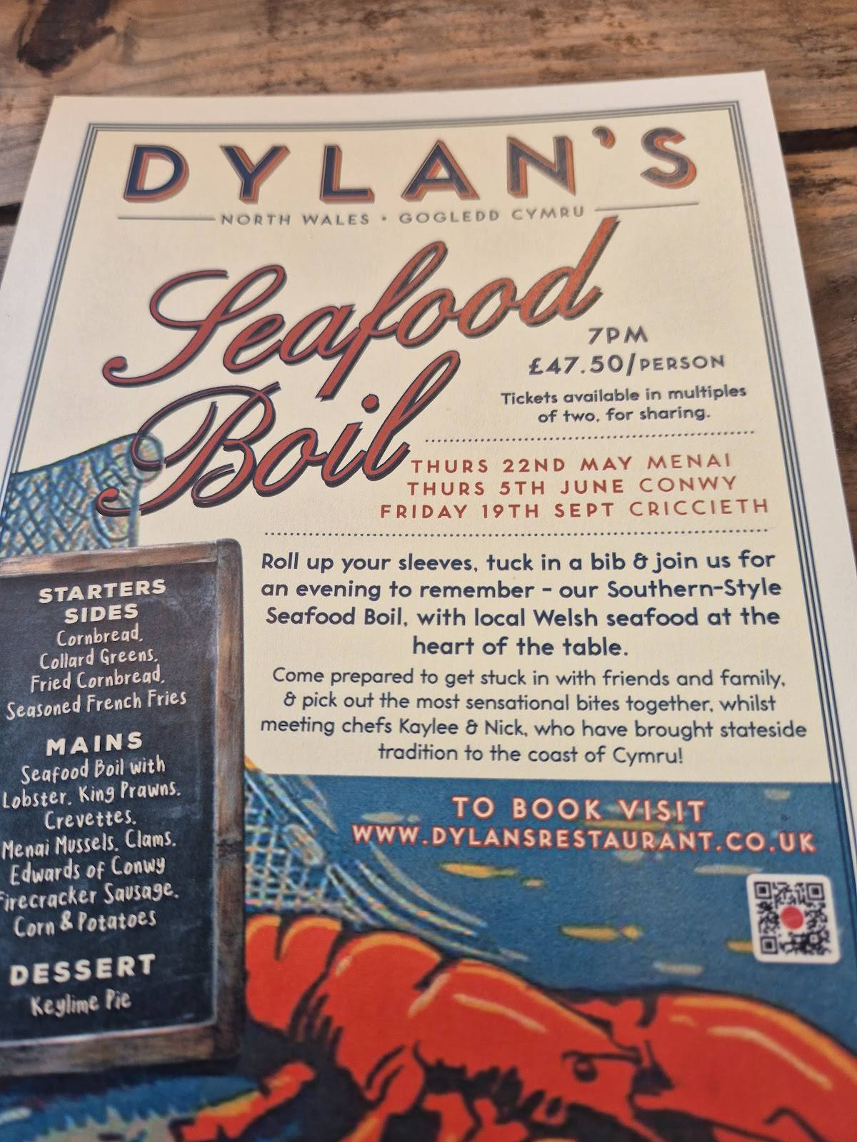 Menu at Dylan's Conwy restaurant, Conwy
