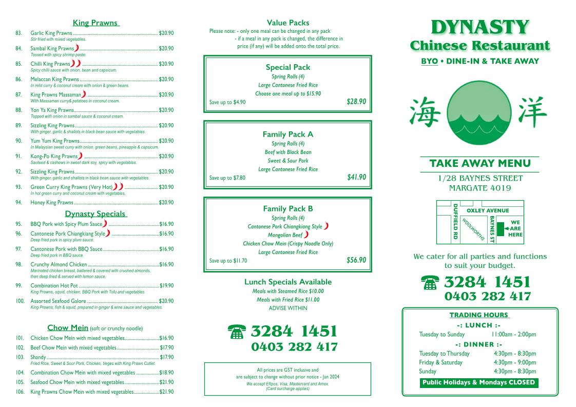 Menu at Dynasty Chinese Take Away restaurant, Margate