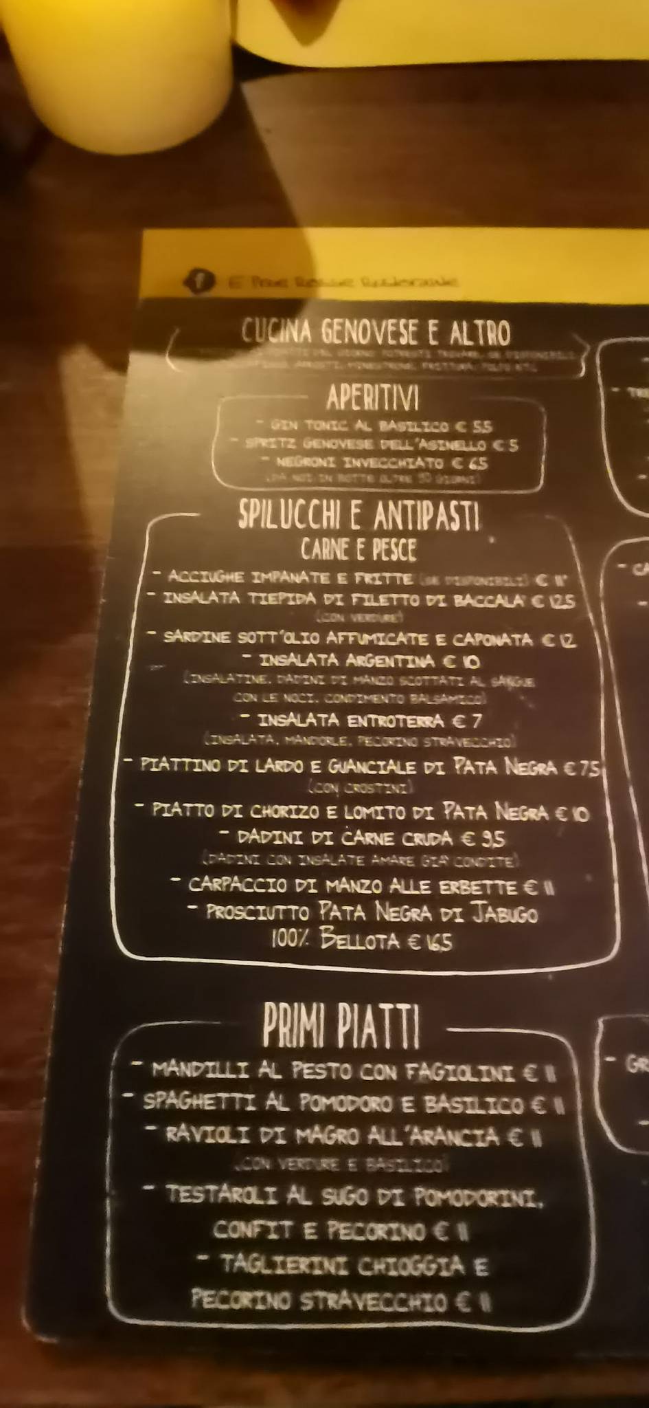Menu da E prie rosse ristorante, Genova