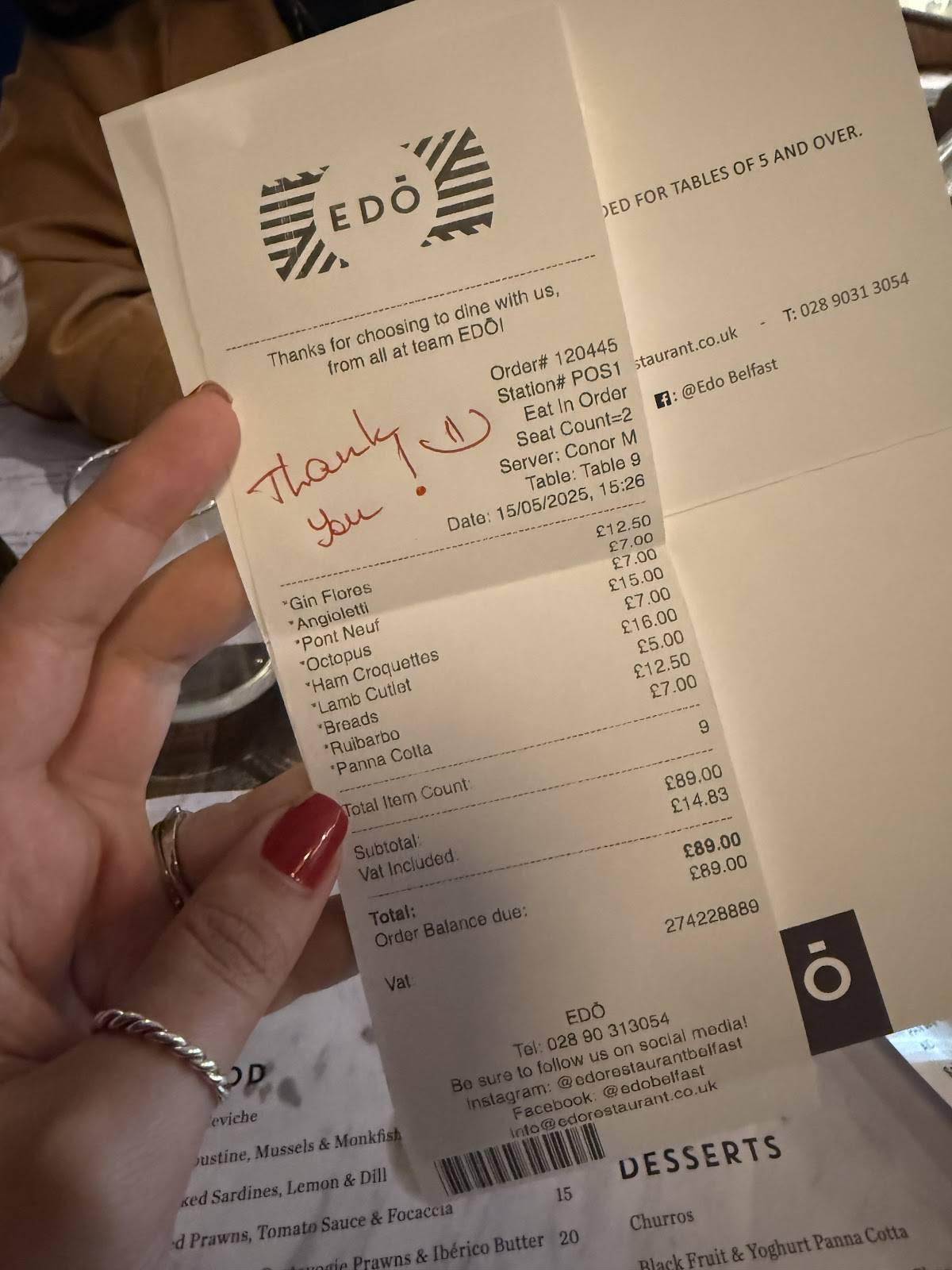 Menu at EDO Restaurant, Belfast