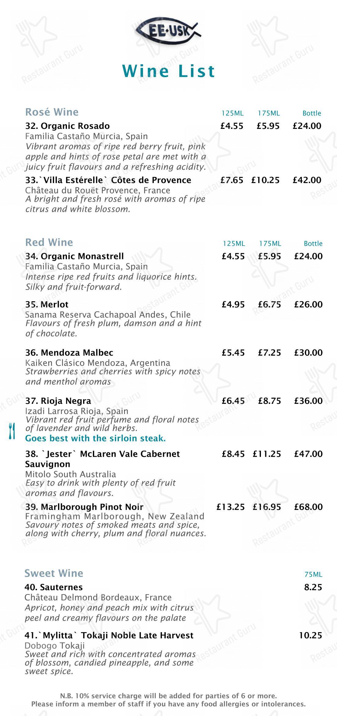 Menu at EE-USK restaurant, Oban
