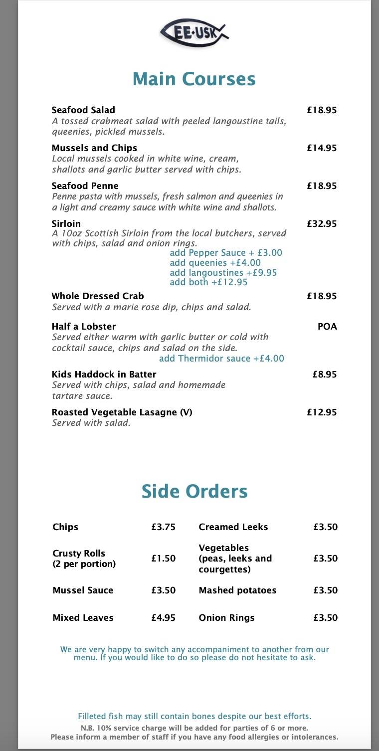 Menu at EE-USK restaurant, Oban