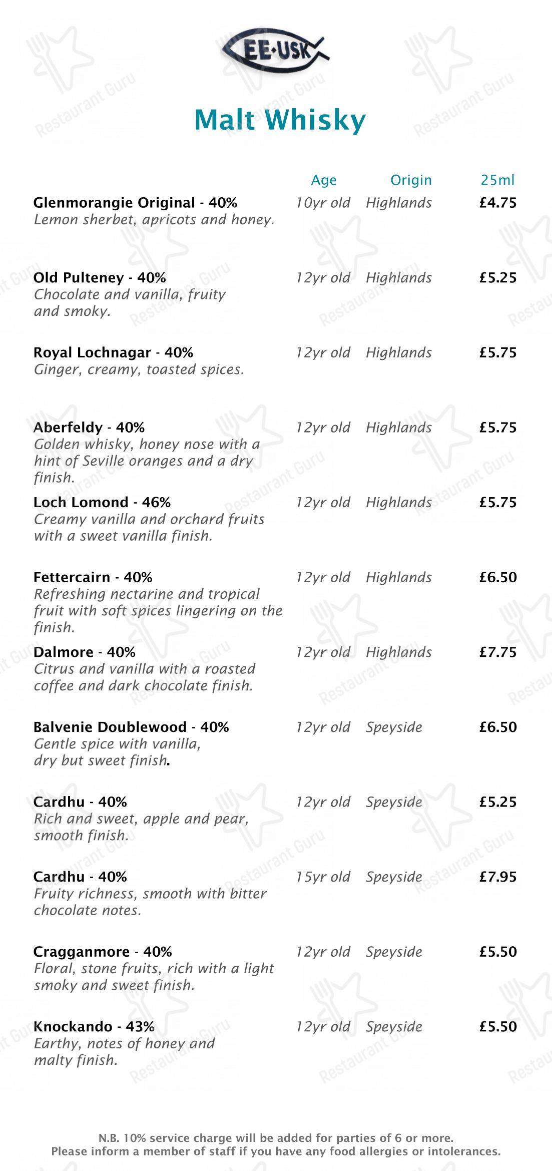 Menu at EE-USK restaurant, Oban