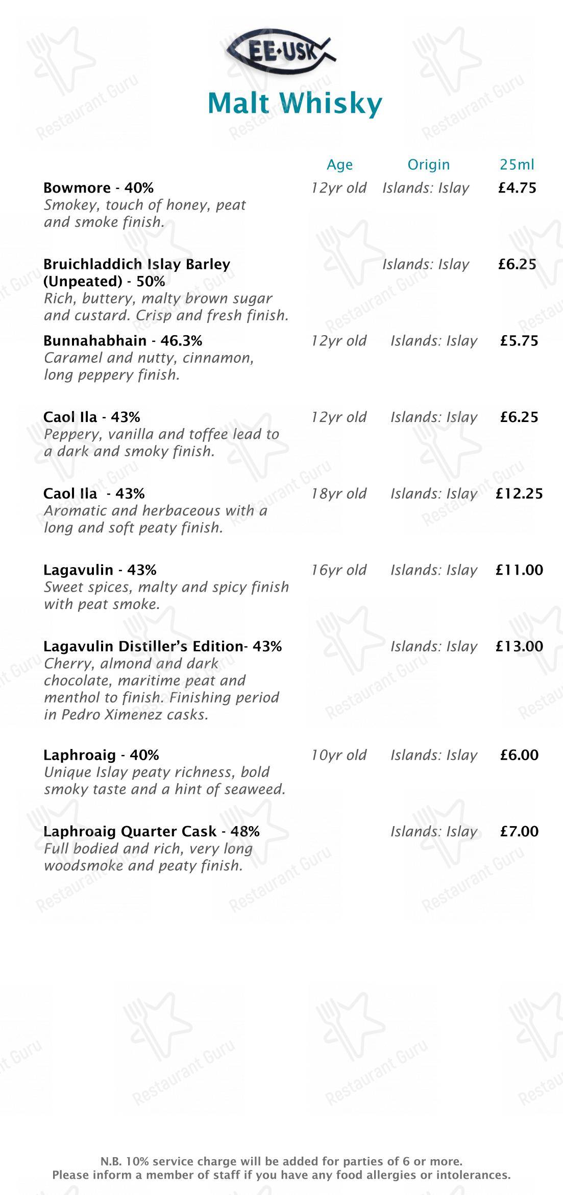 Menu at EE-USK restaurant, Oban