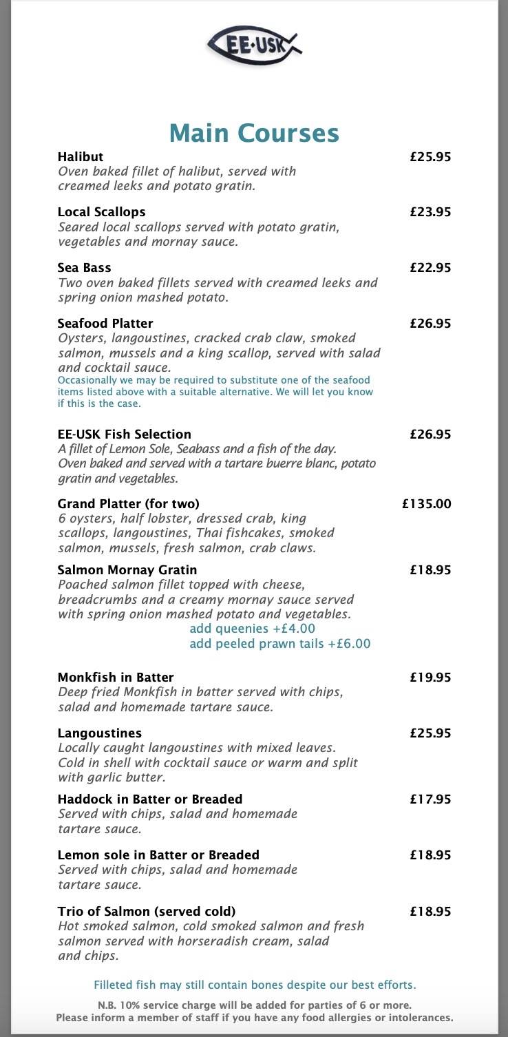 Menu at EE-USK restaurant, Oban