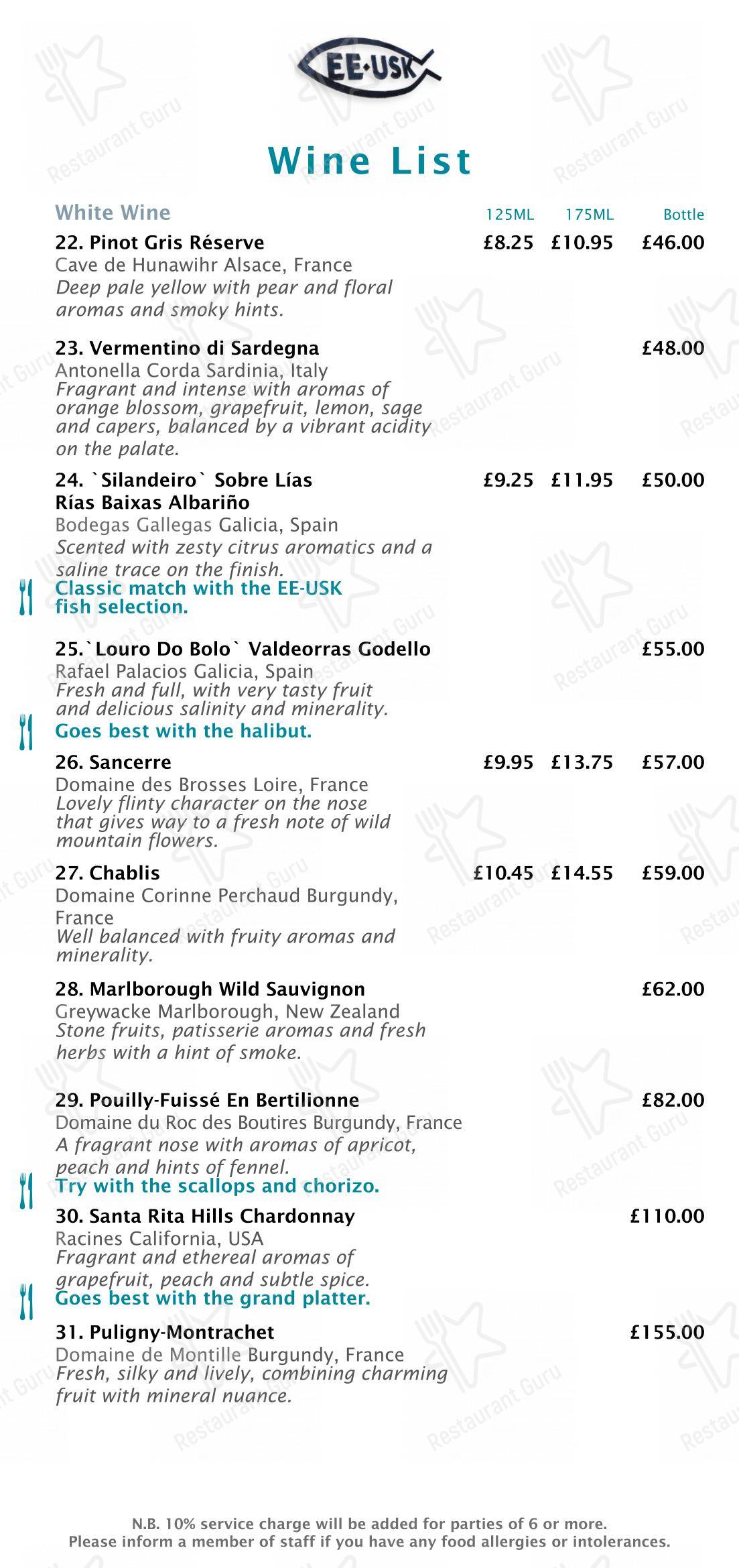 Menu at EE-USK restaurant, Oban