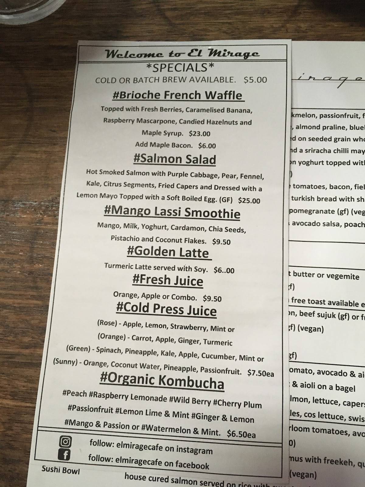 Menu at EL Mirage restaurant, Brunswick East