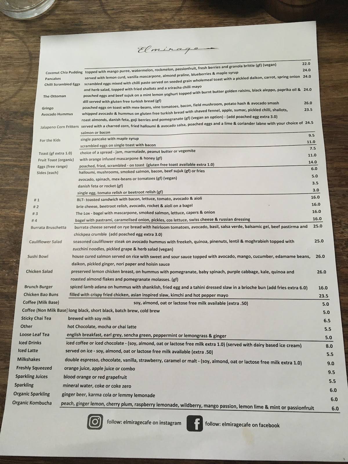Menu at EL Mirage restaurant, Brunswick East