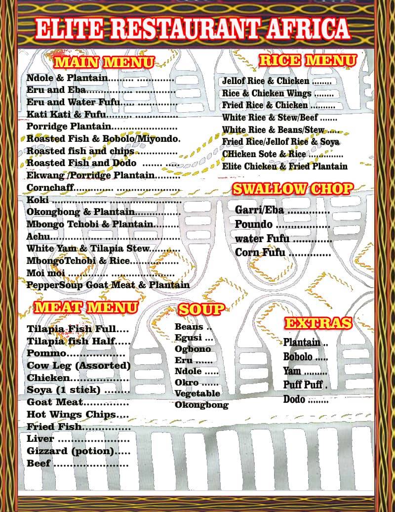 Menu au ELITE Restaurant Afrika, Chypre,