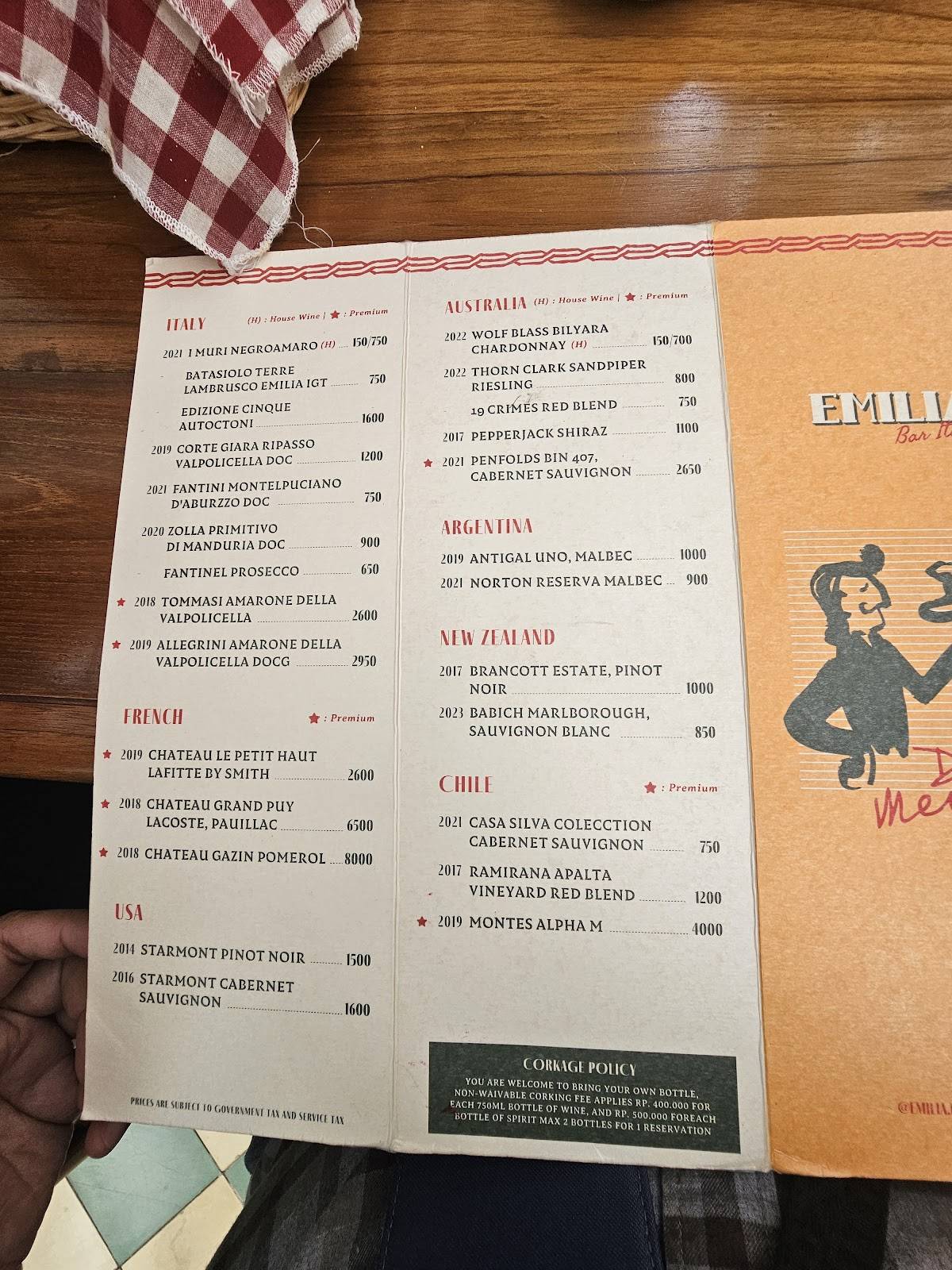 Carta de EMILIA BAR ITALIANO MENTENG, Central Jakarta