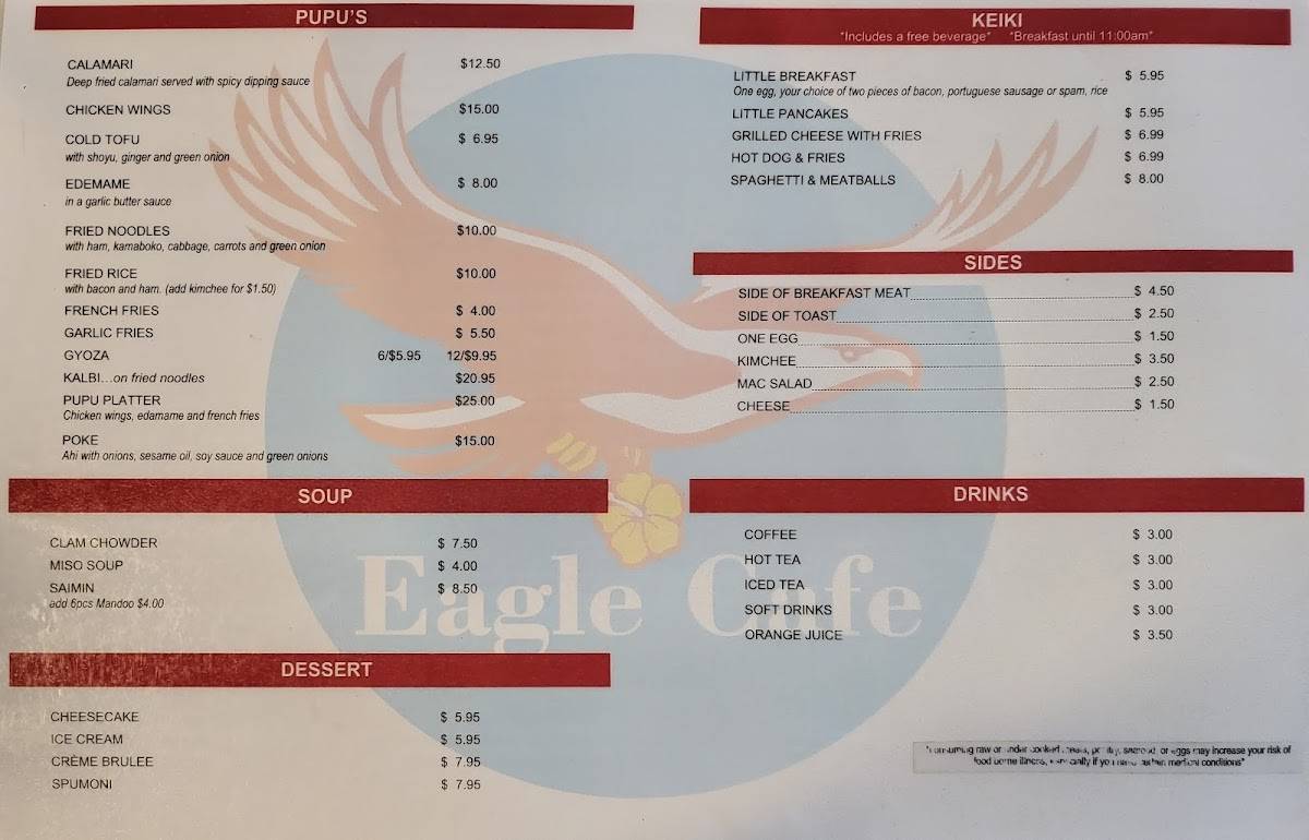 Menu at Eagle Cafe, Honolulu, N Nimitz Hwy # A100
