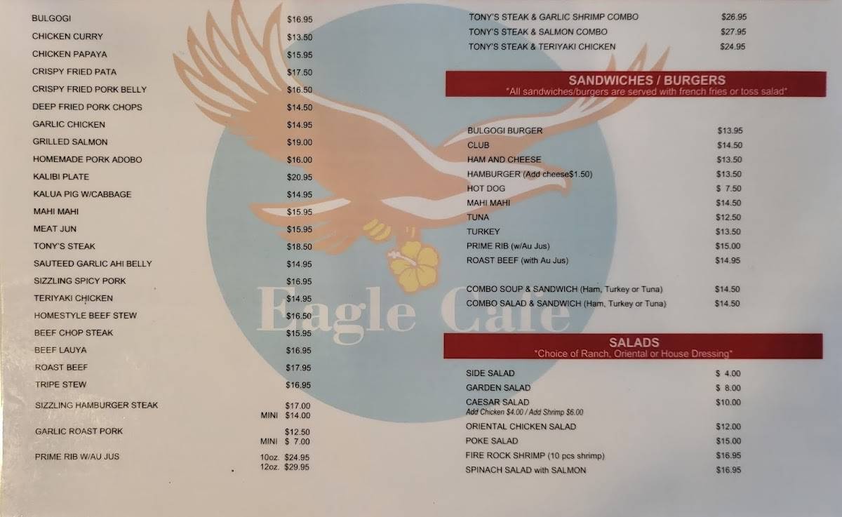 Menu at Eagle Cafe, Honolulu, N Nimitz Hwy # A100