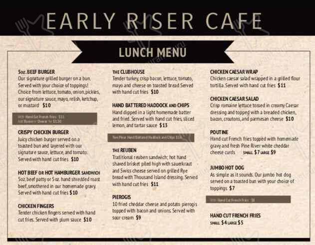Menu at Early Riser Cafe on Wonderland, London