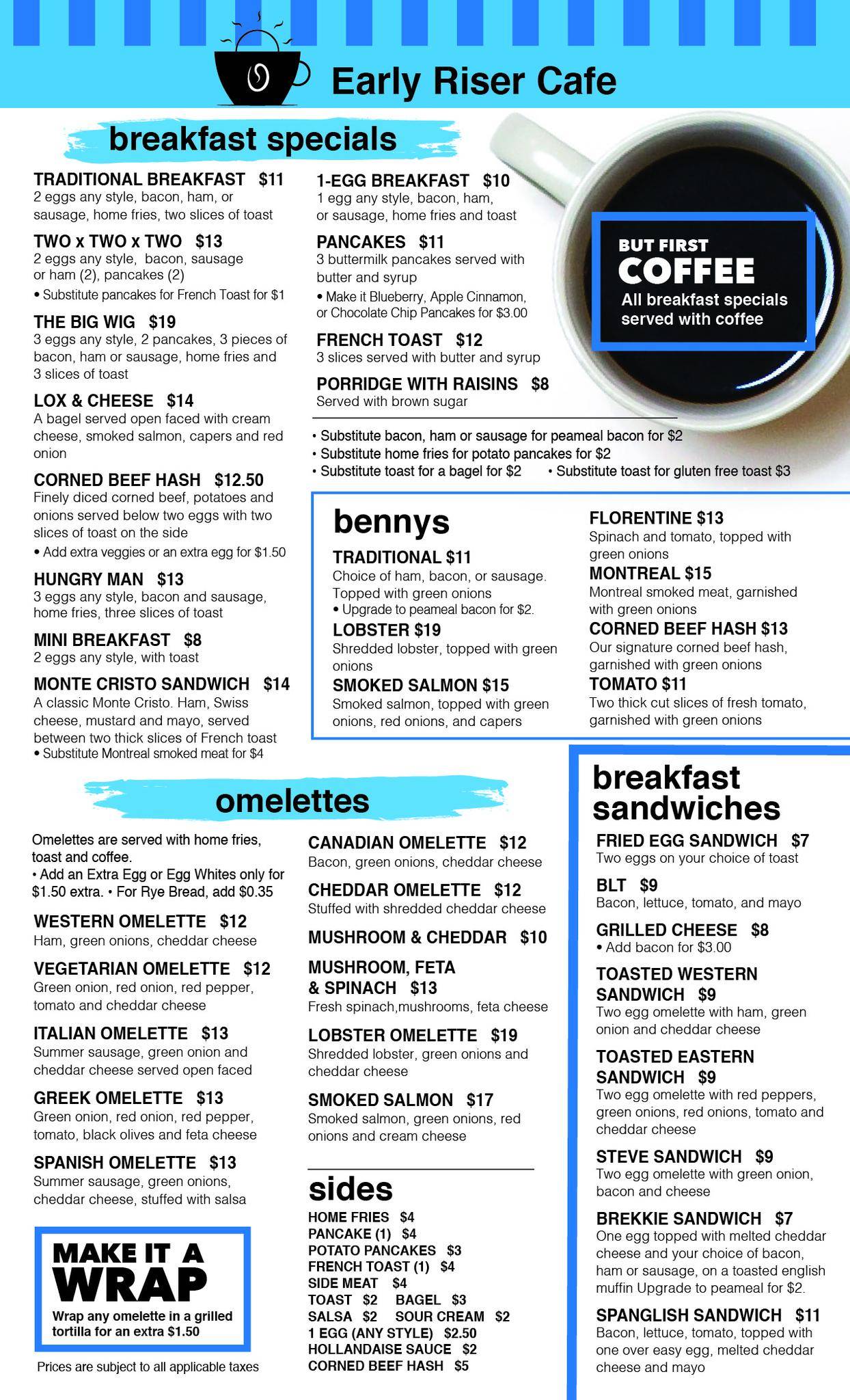 Menu at Early Riser Cafe on Wonderland, London