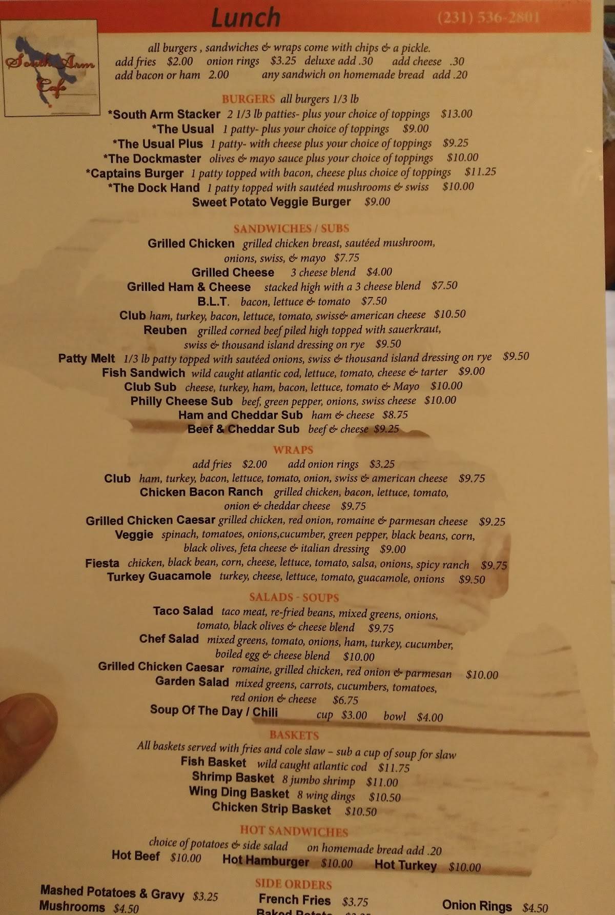 Menu at South Arm Cafe, East Jordan