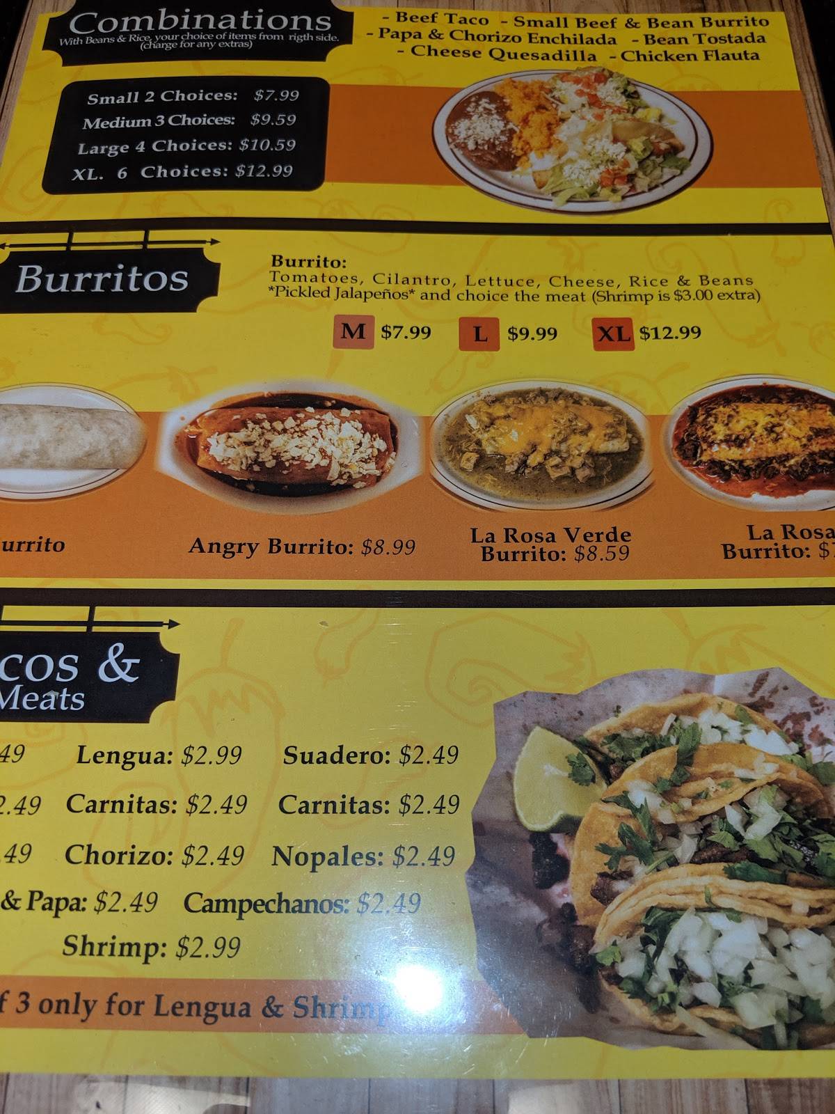Menu at Taqueria La Rosa de Michoacan restaurant, East Moline