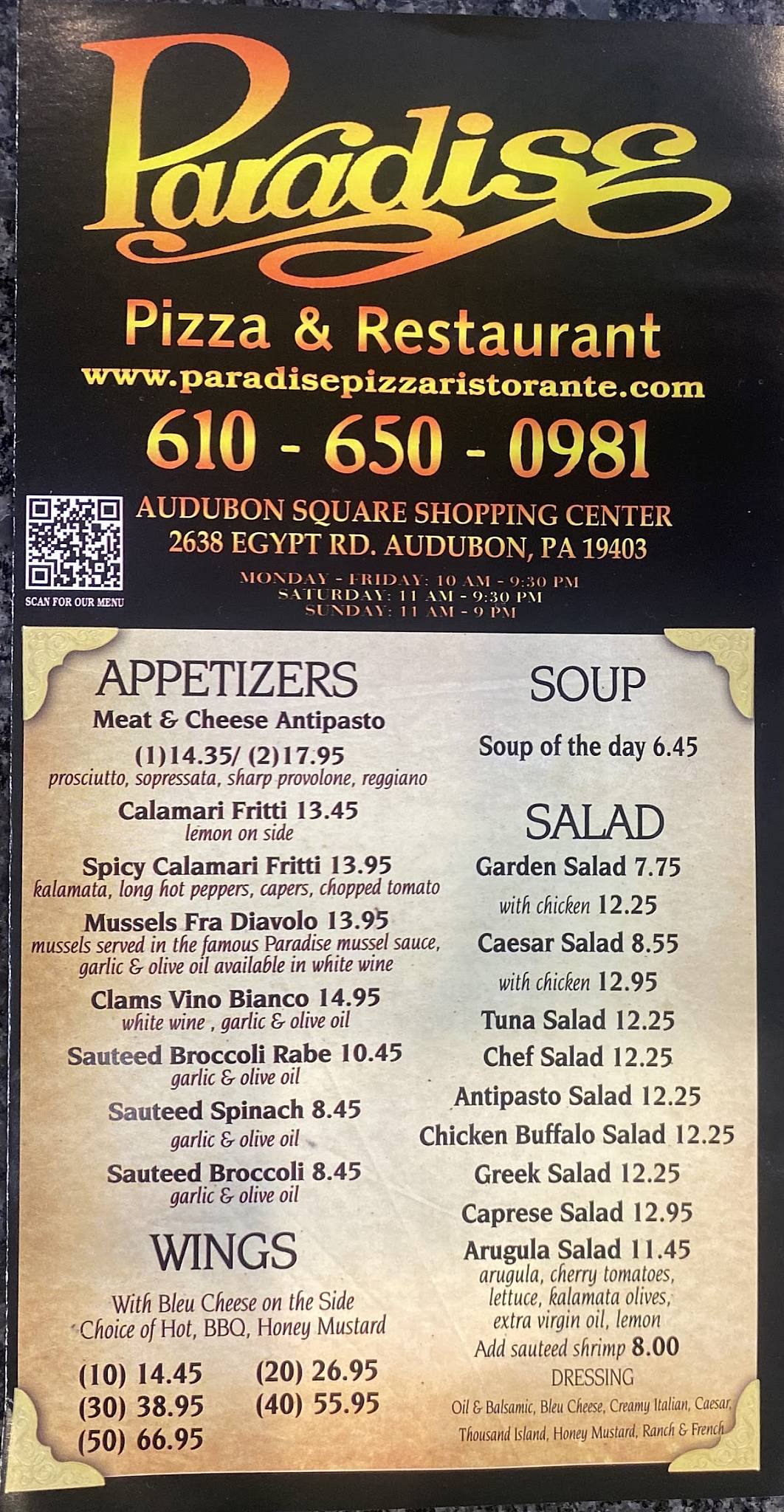 Menu at Paradise Pizza pizzeria, East Norriton, Egypt Rd