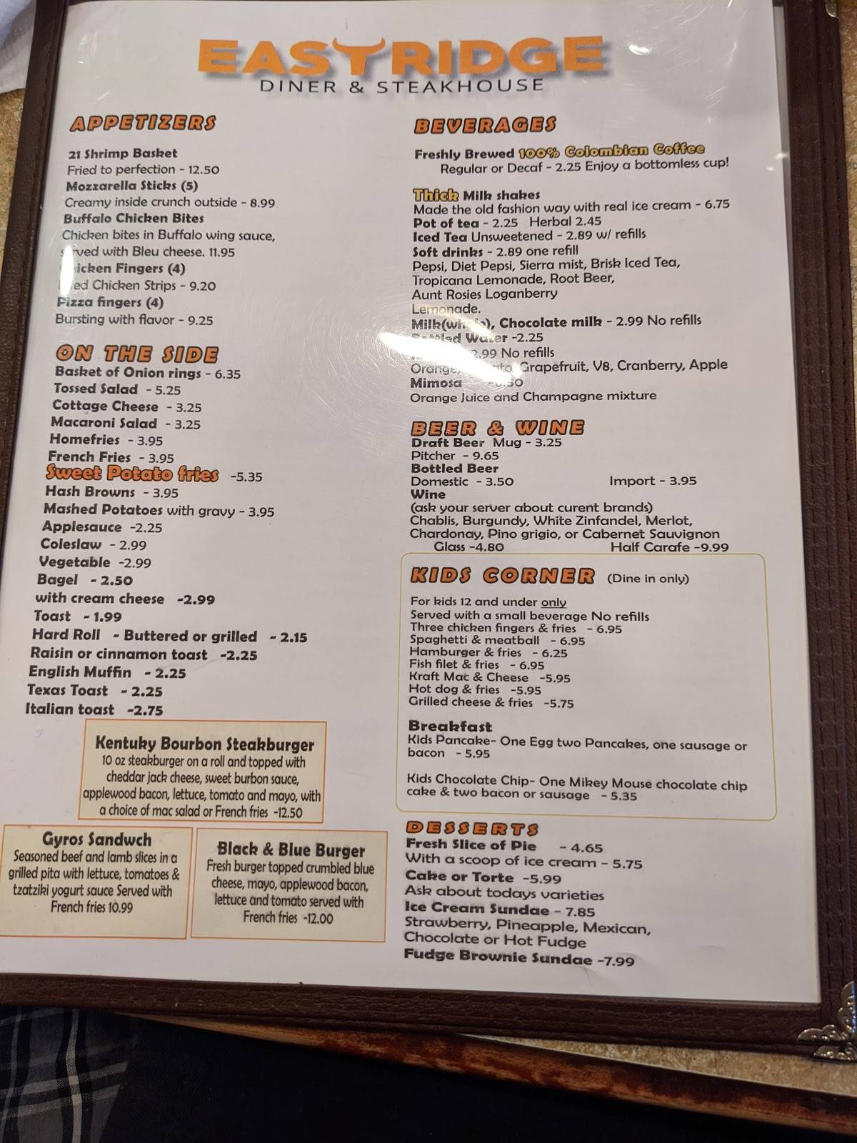 Menu at East Ridge Diner and Steak House steakhouse, Rochester