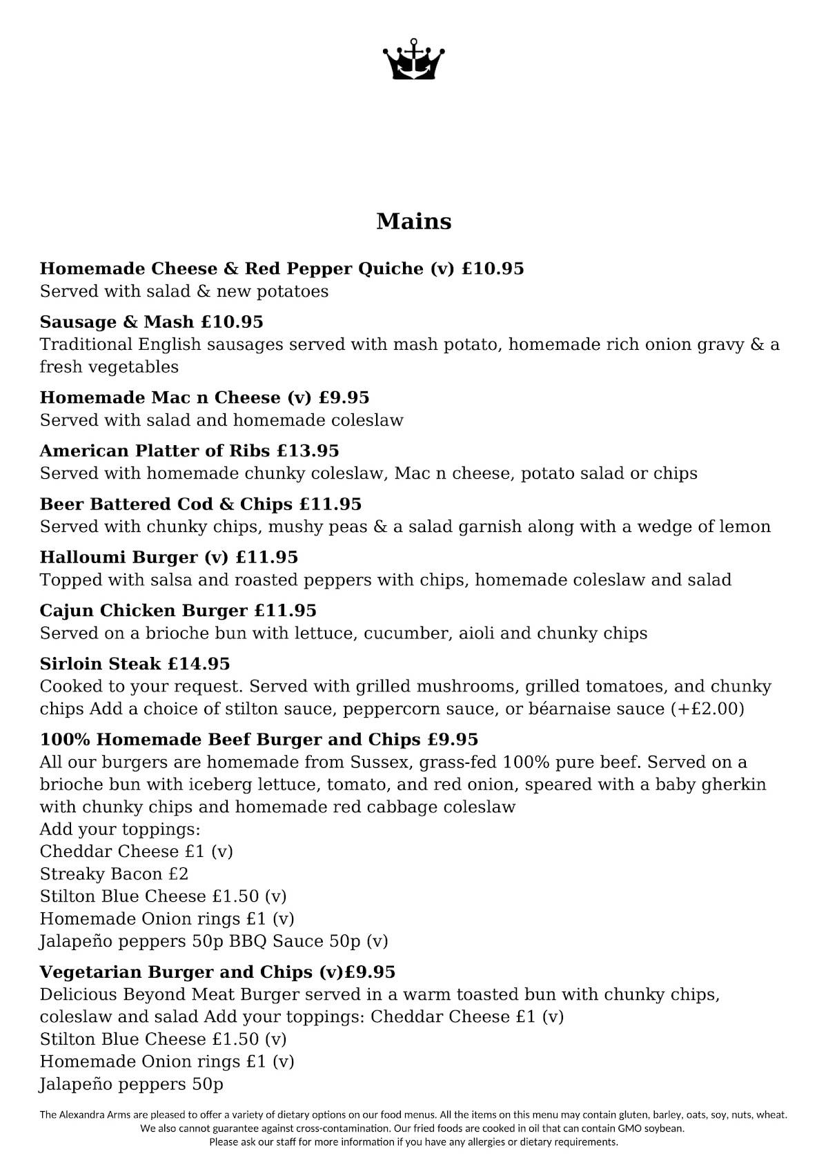 Menu at The Alexandra Arms pub & bar, Eastbourne