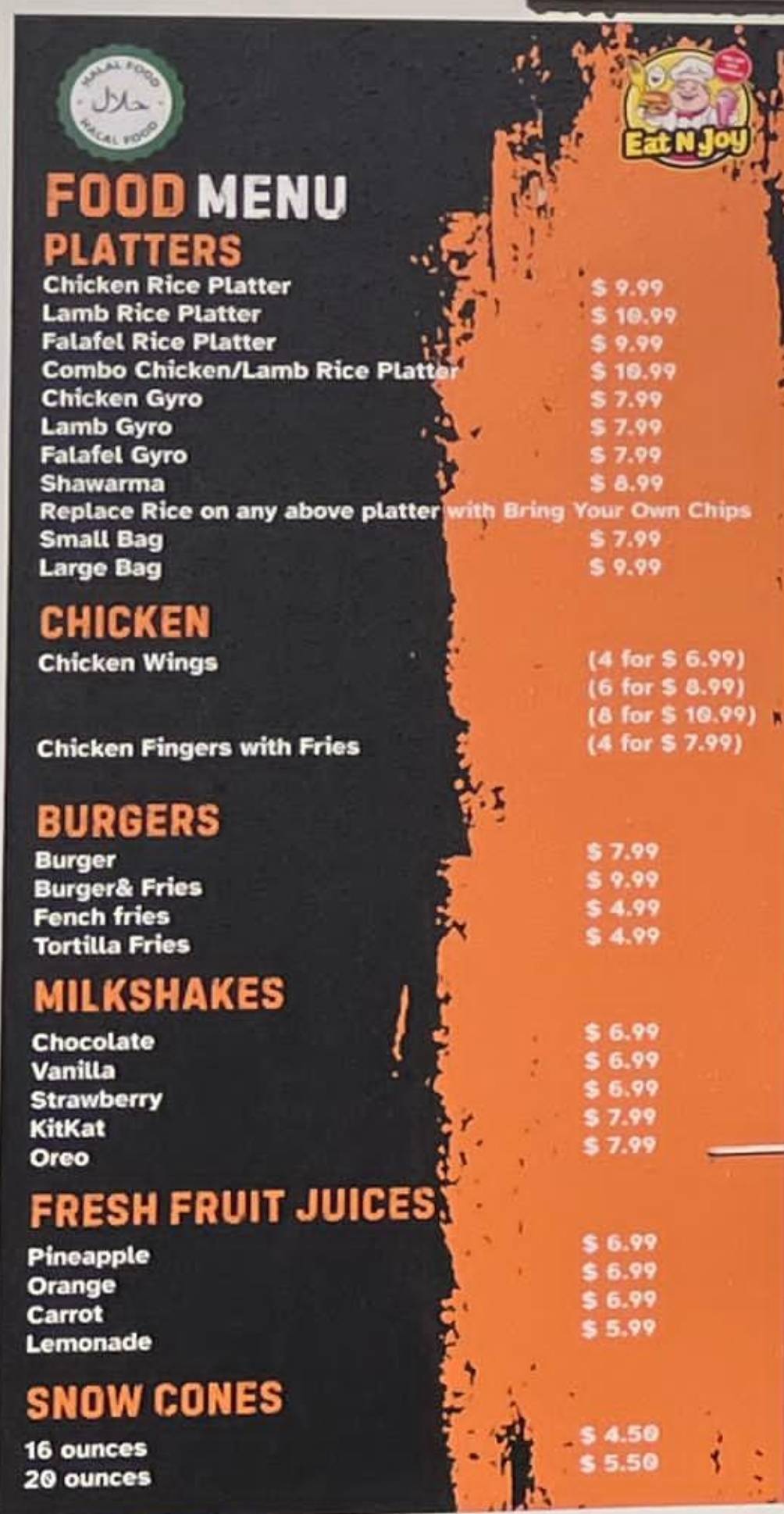 Menu at Eat N Joy Food Truck restaurant, Grand Prairie