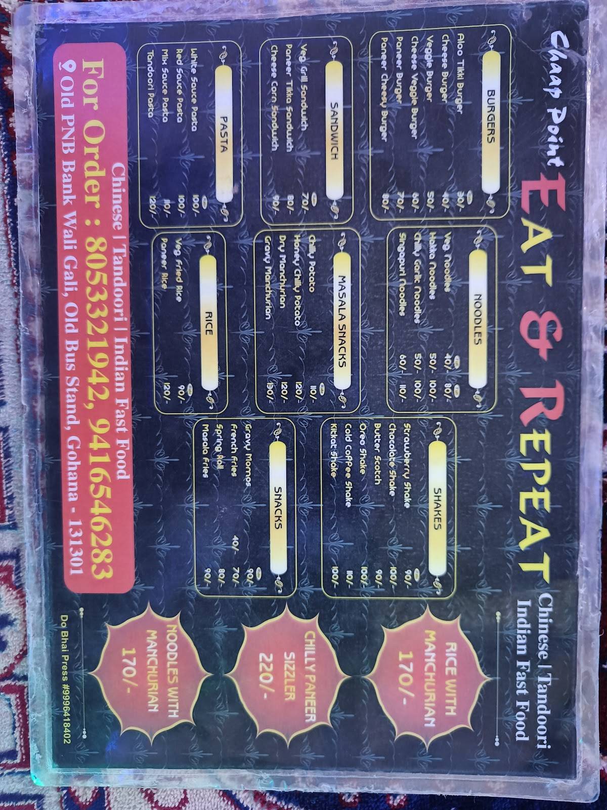 Menu at Eat & Repeat family restaurant, Gohana